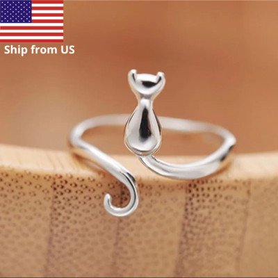 925 Sterling Silver Cute Cat Kitty Adjustable Ring Womens Girls Jewellery Gift | eBay