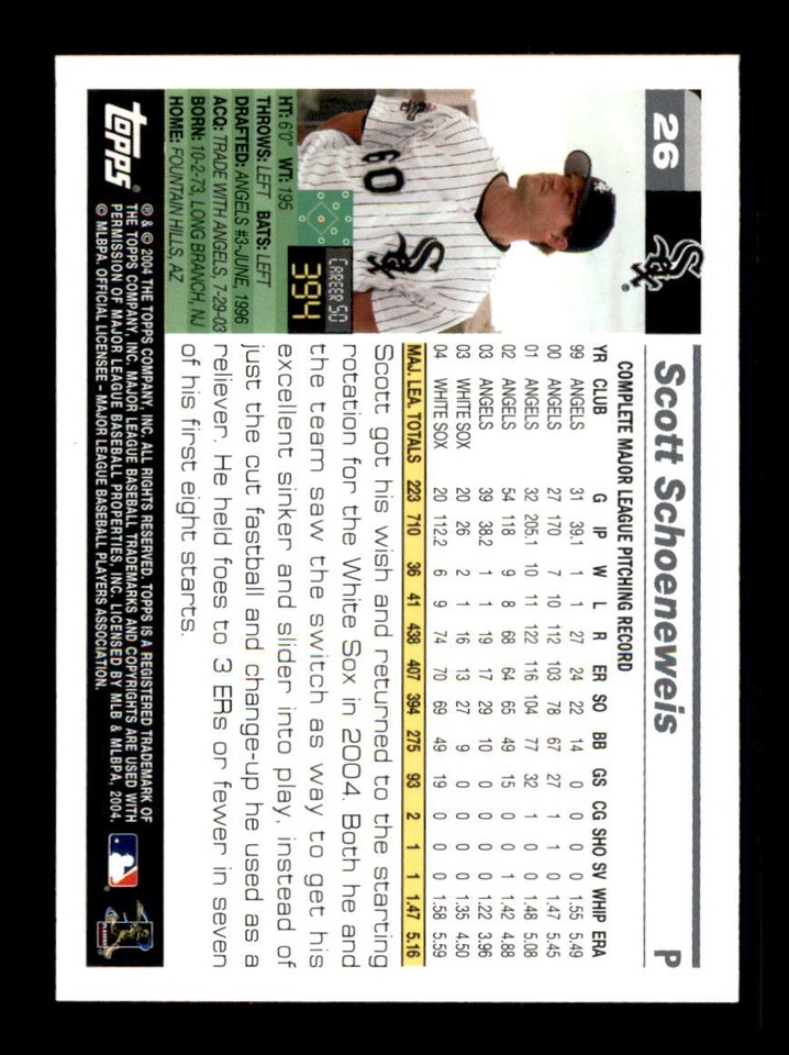 2005 Baseball Topps Scott Schoeneweis Chicago White Sox #26 | eBay