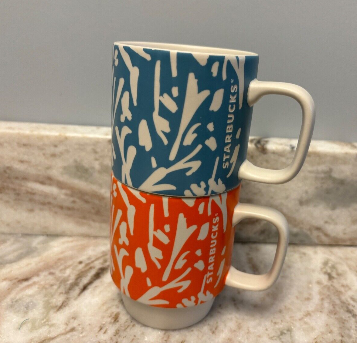 Pair of Stackable Starbucks 2016 Coffee Mug Blue and White and Orange ...