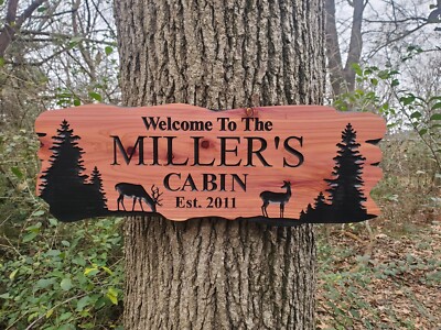 Custom Cabin Sign Carved Wood Family Name Vacation Home Plaque Deer ...