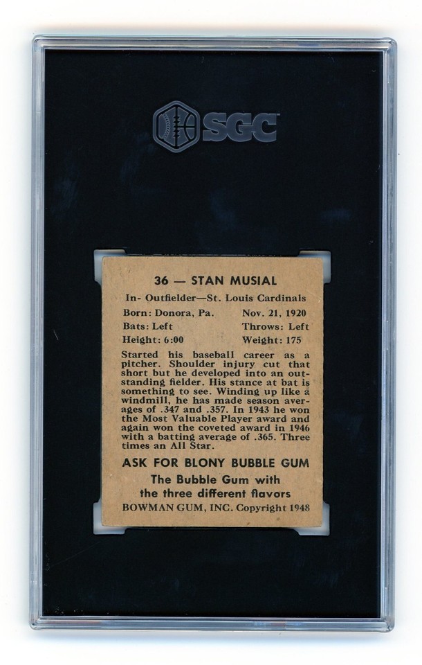 STAN MUSIAL ROOKIE CARD 1948 BOWMAN #36 SGC3 ST LOUIS CARDINALS THE MAN ...