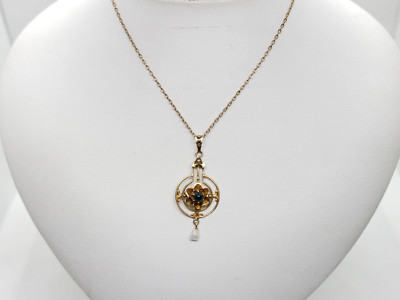 Vintage 10k Yellow Gold Black Onyx Pearl Pendant Necklace | eBay