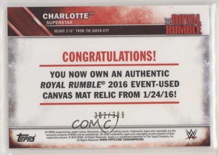 2016 Topps WWE Then Now Forever Royal Rumble Mat Relic /399 Charlotte ...