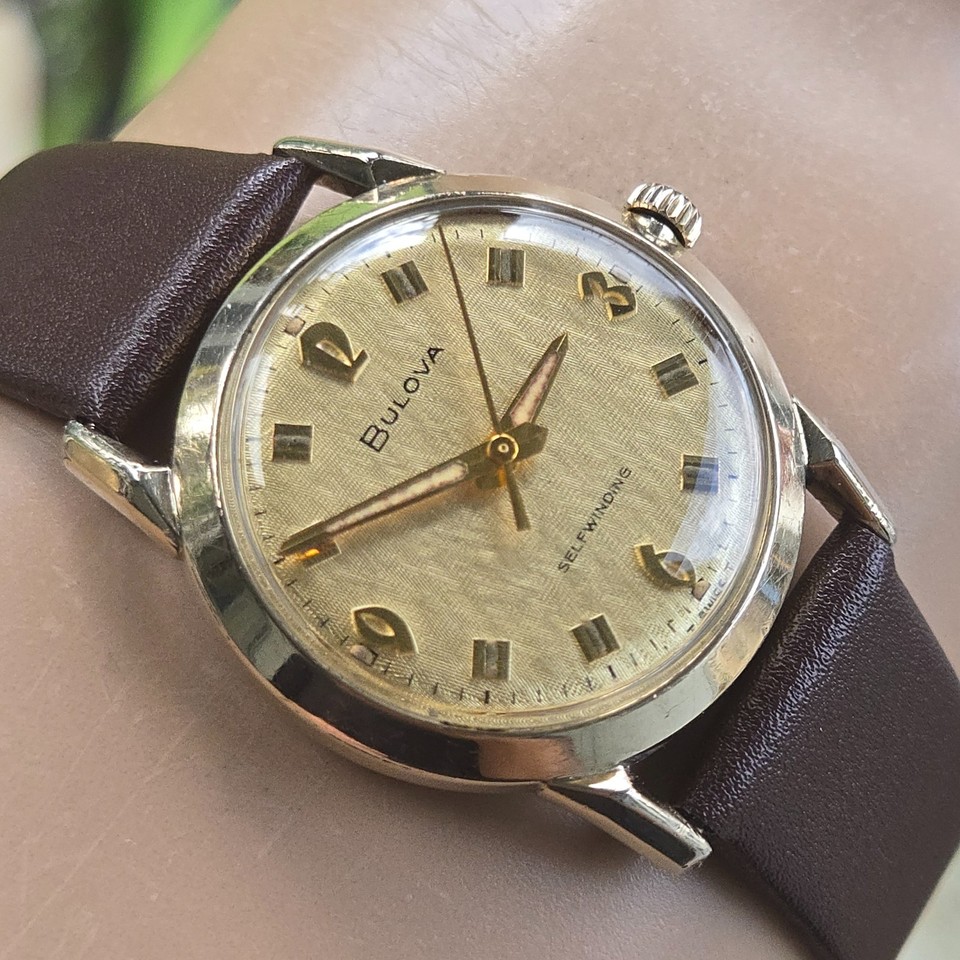 Vintage BULOVA Sea Flight "L" men's automatic watch Linen dial with box ...
