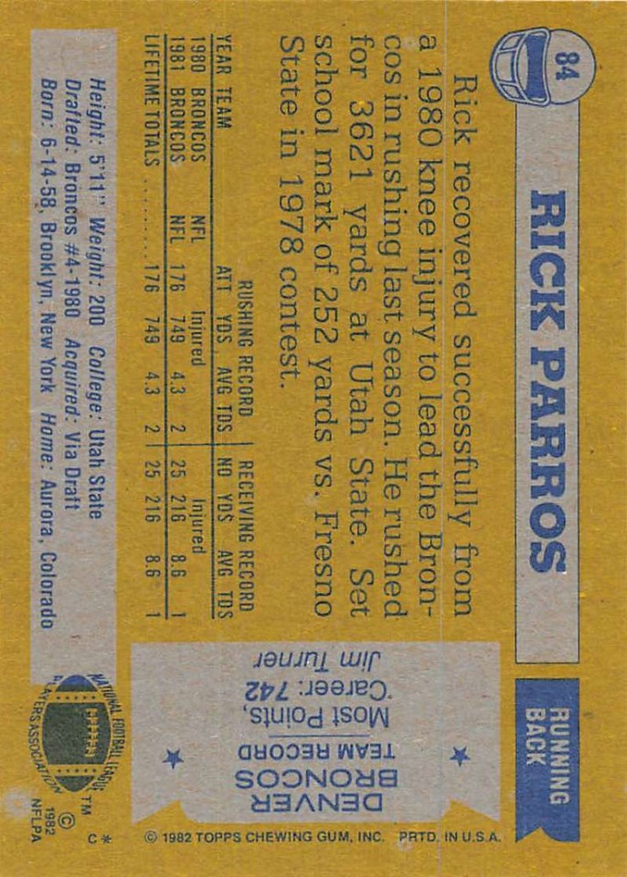 1982 Topps #84 Rick Parros Broncos NM-MT | eBay