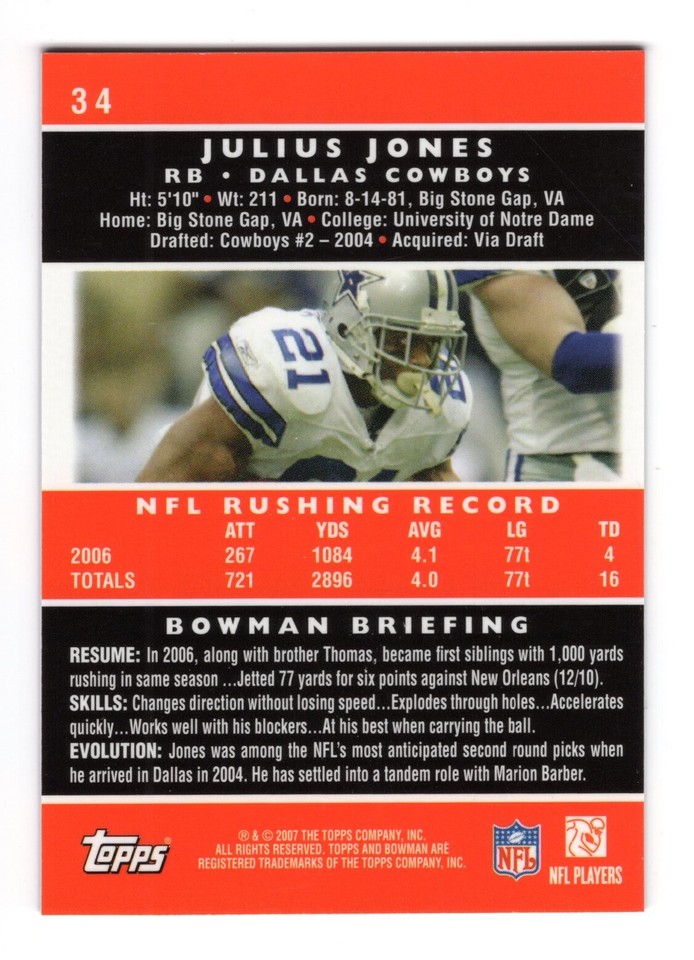 2007 BOWMAN GOLD JULIUS JONES CARD #34 **NM-MT** DALLAS COWBOYS | eBay