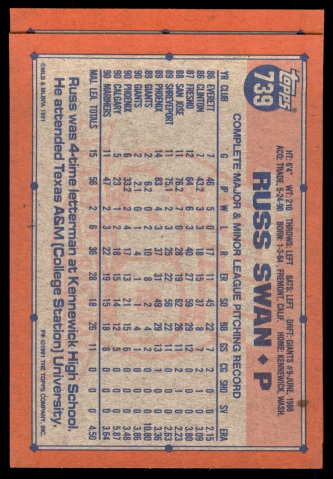 1991 TOPPS RUSS SWAN SEATTLE MARINERS #739 | eBay