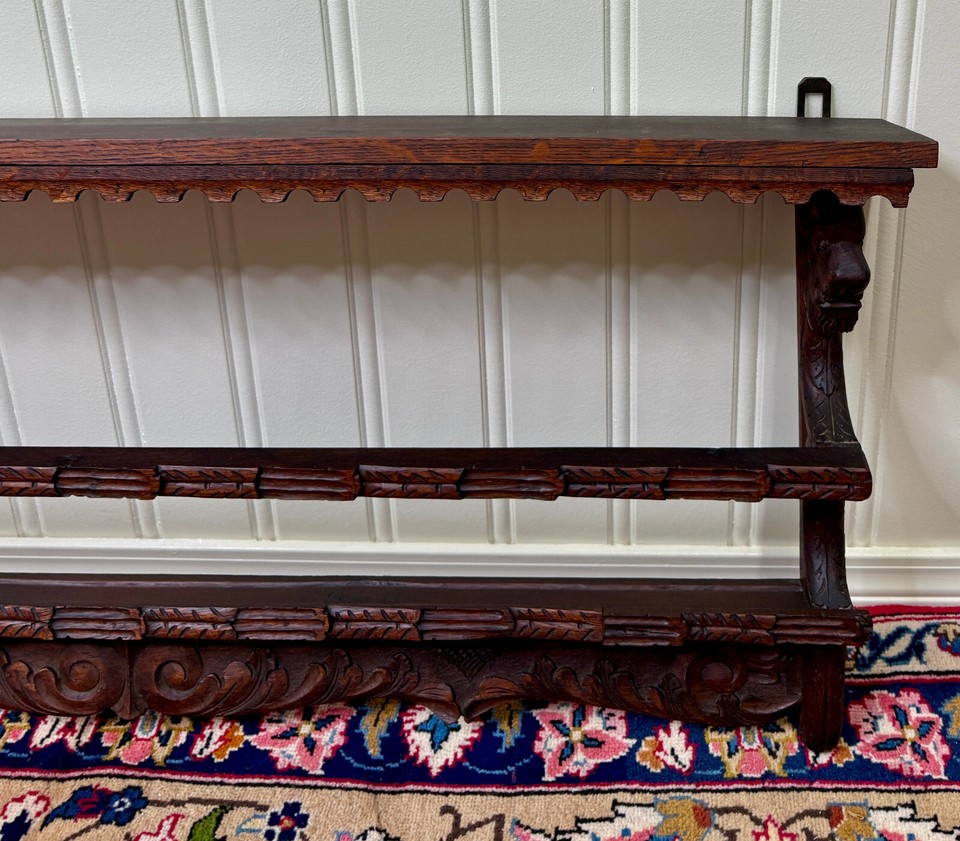 Antique English Carved Oak Plate Rack Lions Wall Shelf | eBay