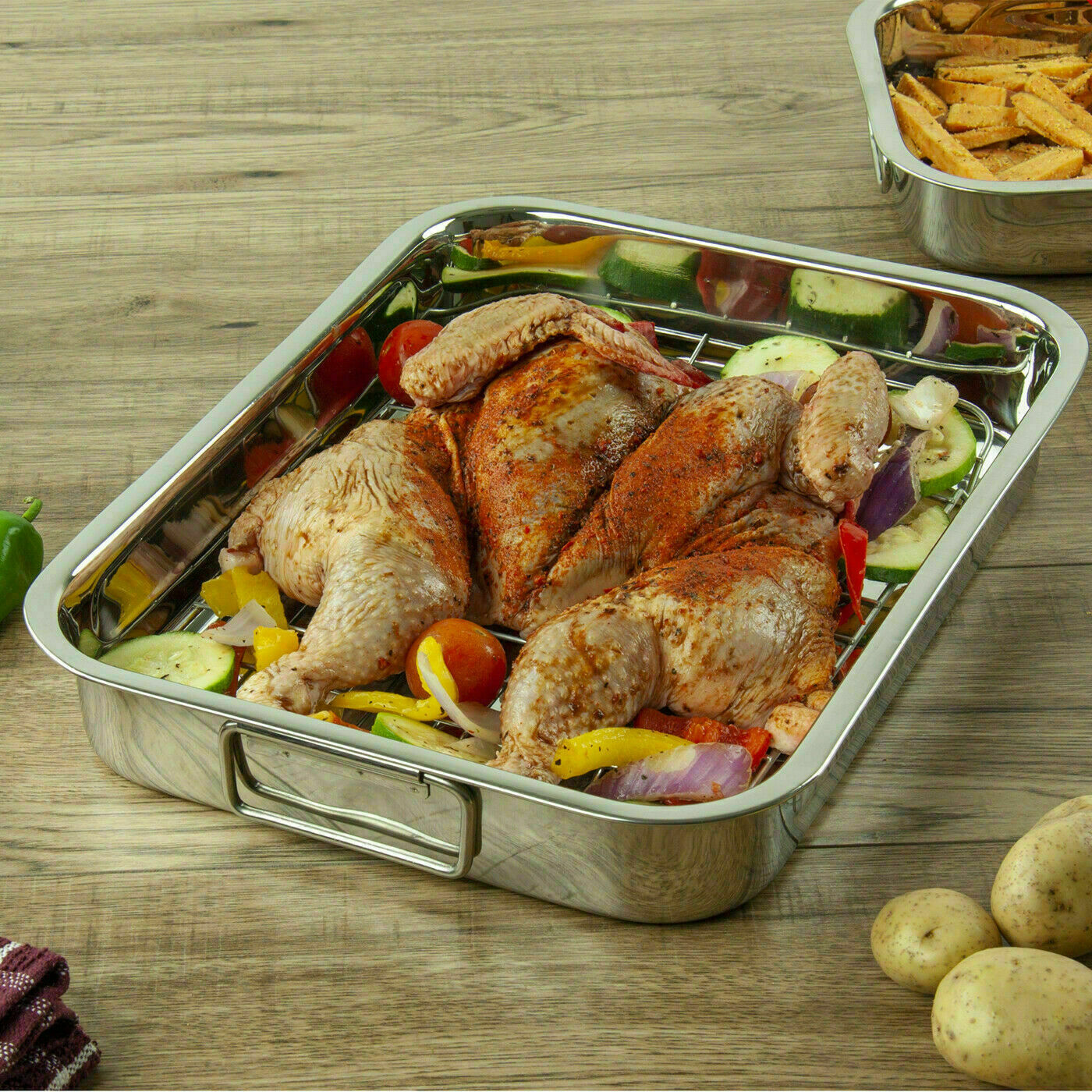 STAINLESS STEEL ROASTING TRAY OVEN PAN DISH BAKING ROASTER TIN GRILL ...