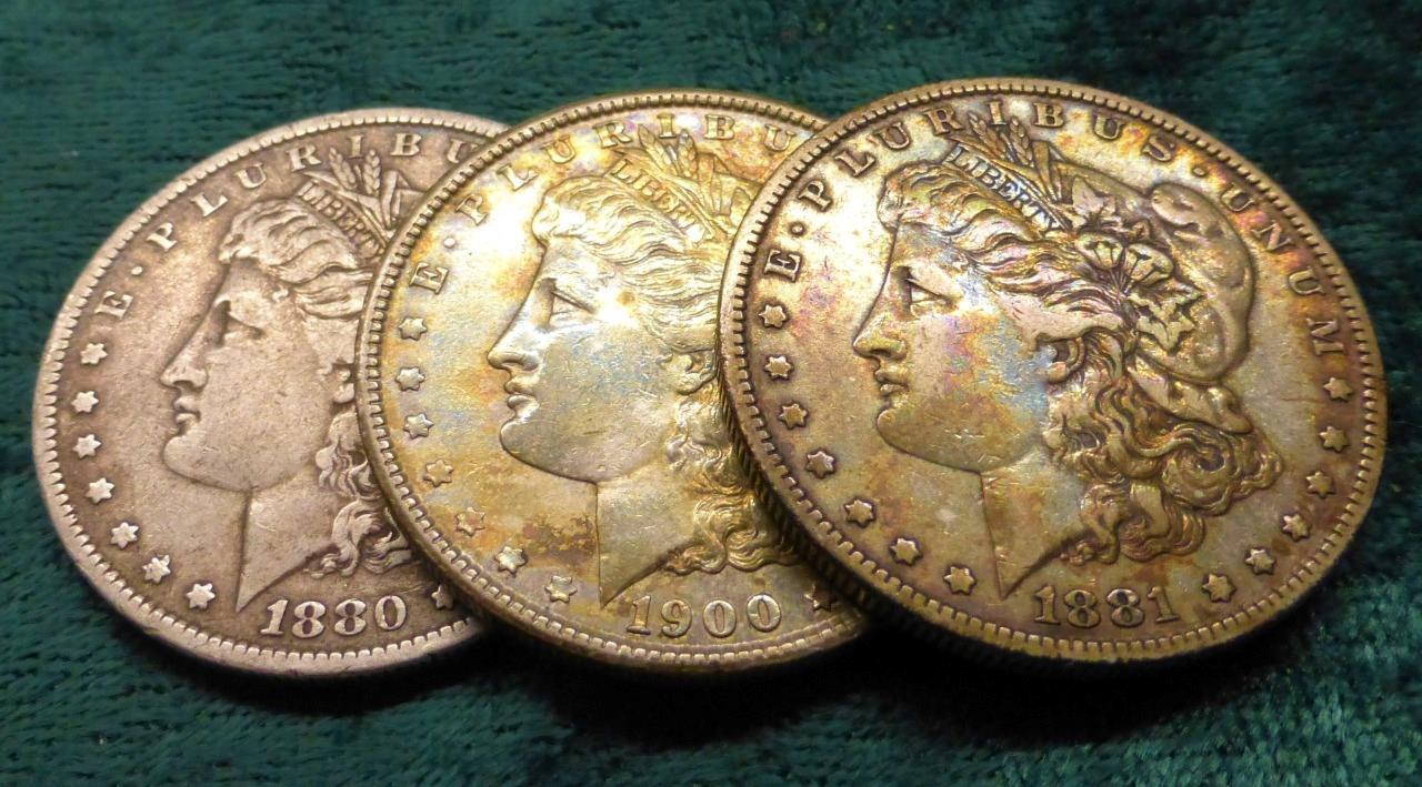 Lot of 3 Silver Morgan Dollars, COLOR TONEs, 1880, 1881 O & 1900 $1 ...