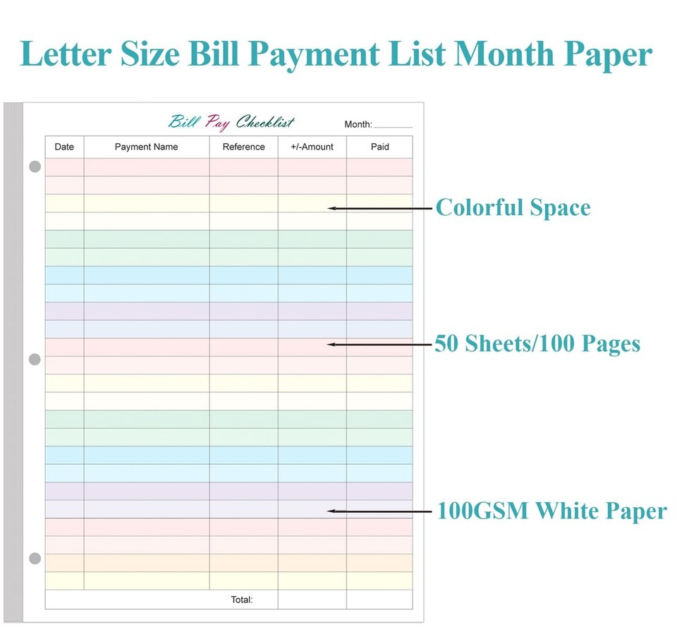 A4 Bill Payment Checklist Refills Paper - 3-Hole Punched Loose Leaf ...