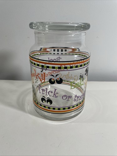 Vtg Libbey Halloween Clear Glass Candy Jar +Lid Spooky Scary Eek! Boo ...