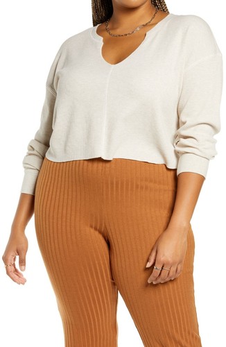 BP. Split Neck Crop Top, Waffle Knit, Beige Oatmeal Light Heather Sz-2X ...