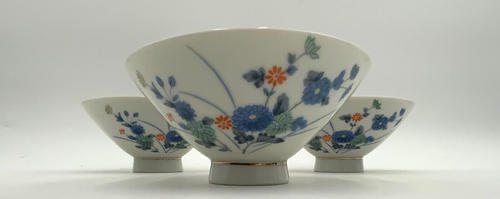 Japanese Porcelain Arita Chawan Set 3 Kozan Kama Blue Floral Design ...