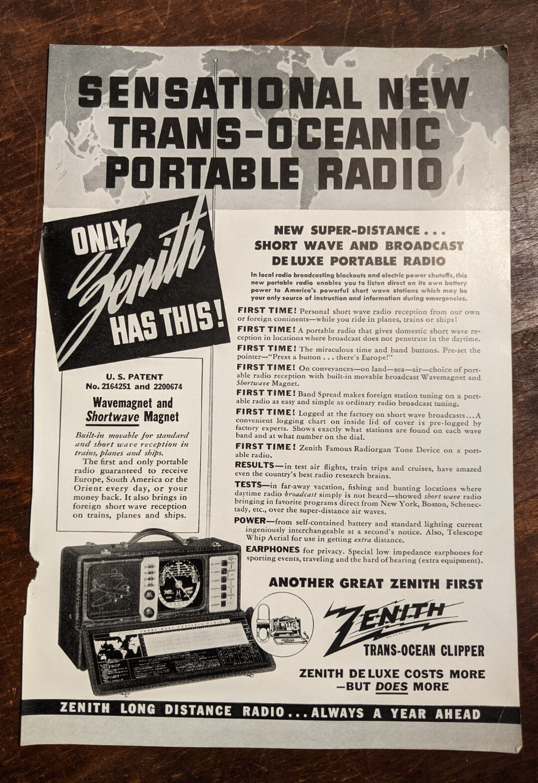 1942 Vintage Zenith Trans-Ocean Clipper DeLuxe Portable Radio Print Ad ...