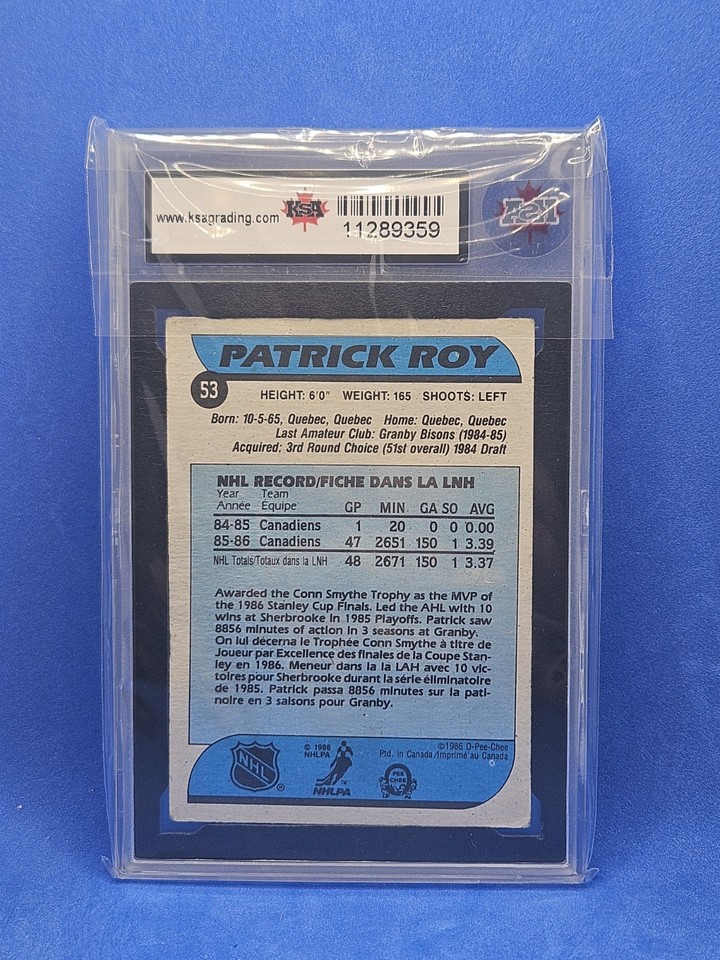 1986-87 O-Pee-Chee OPC Rookie RC Patrick Roy #53 Montreal Canadiens KSA ...