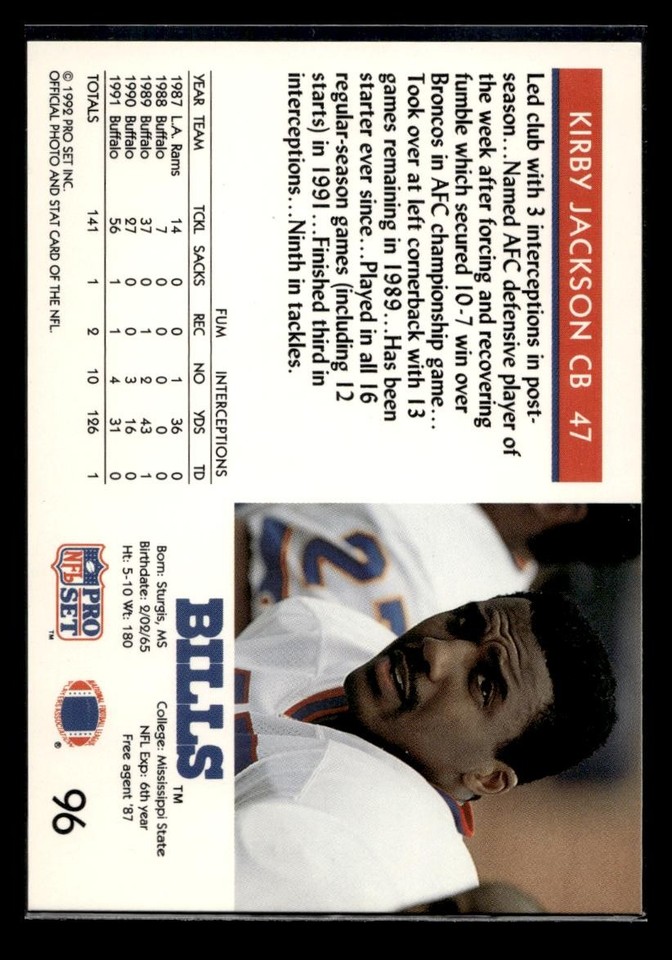 1992 Pro Set Football Card #96 Kirby Jackson Buffalo Bills | eBay