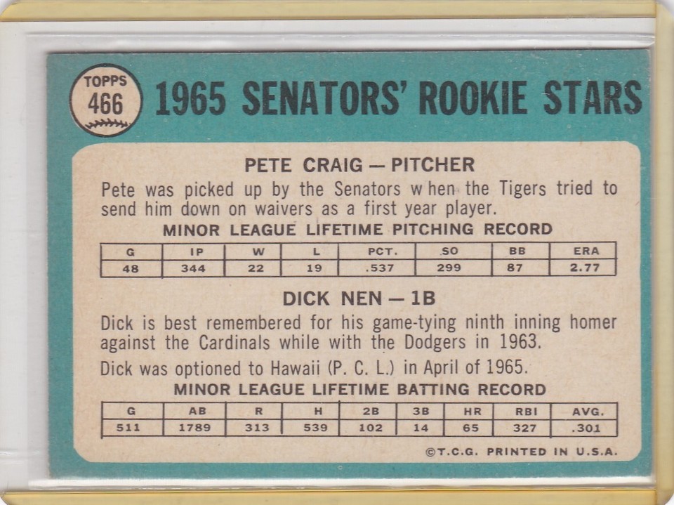 1965 Topps Baseball Card #466 Washington Senators Rookies Craig & Nen ...