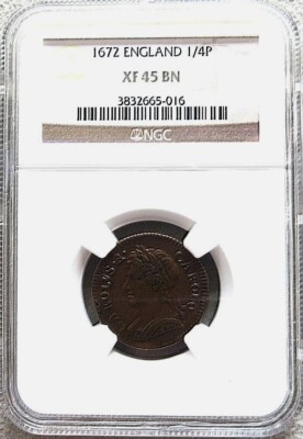 1672 ENGLAND COPPER FARTHING KING CHARLES II PRE-DECIMAL COINAGE NGC XF ...