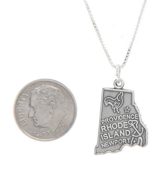 Sterling Silver Rhode Island State Map Charm with Box Chain Necklace ...
