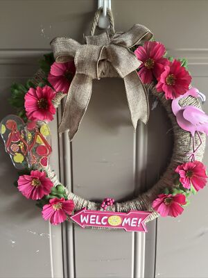 Summer Welcome Wreath Summer Pink Flowers, Flip Flops, Welcome Sign ...