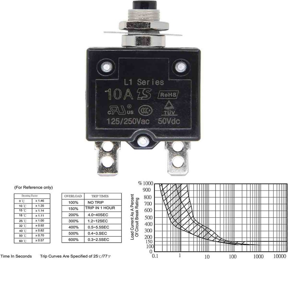 Unibersal 10 Amp Push Button Thermal Circuit Breaker 12-50V DC 125-250V ...