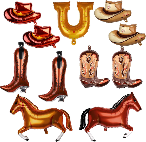 11Pcs Western Themed Party Balloons, Large Cowboy Boots Hats Horse ...