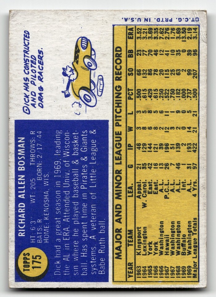 1970 Topps Dick Bosman #175 Washington Senators MID GRADE NO CREASES ...