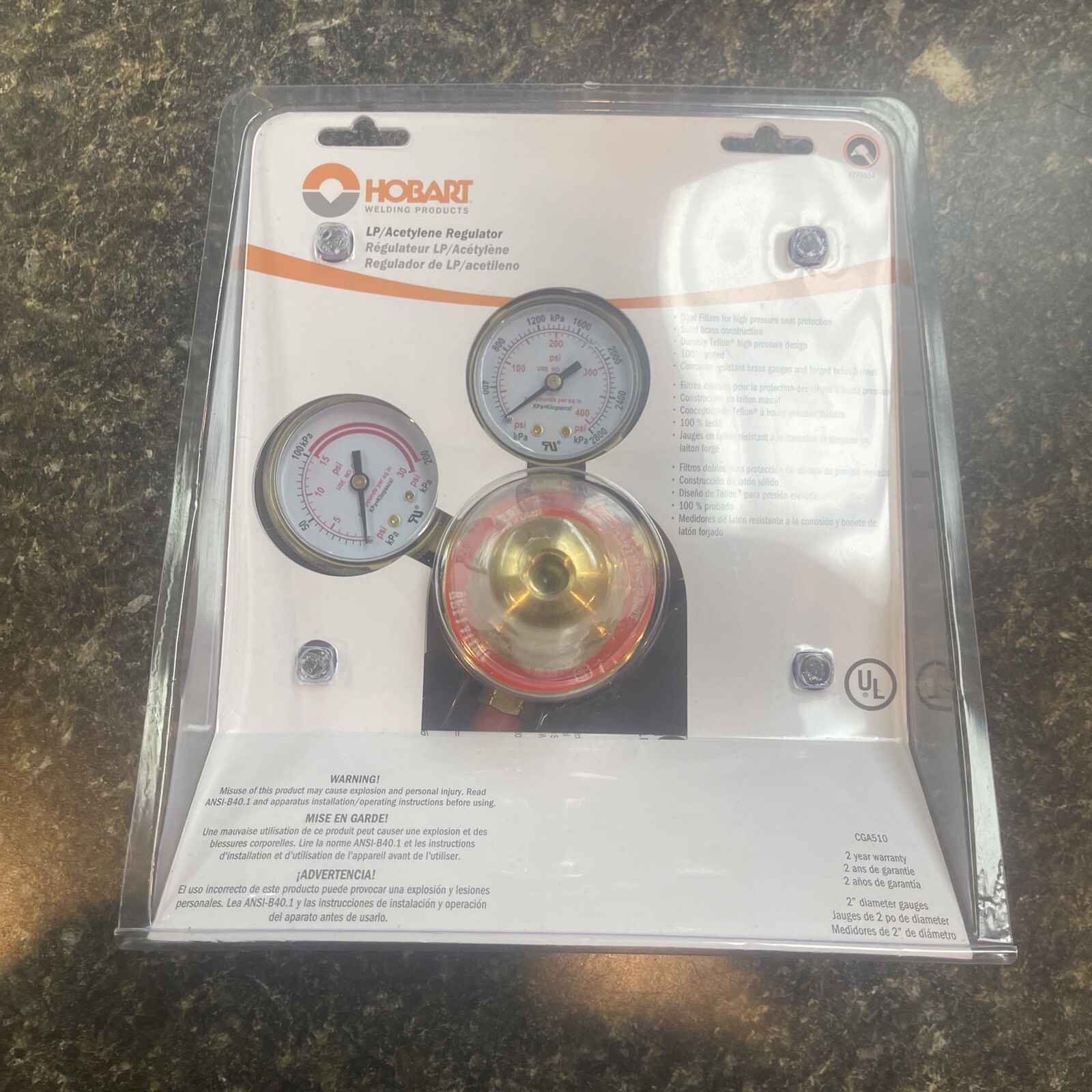 Hobart Acetylene Regulator — CGA-510 Connection, Dual PSI/kPA Scales ...