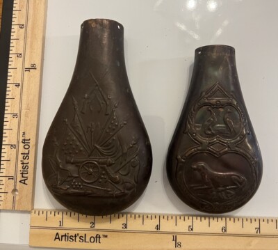 2 Vintage Embossed Metal Gun Powder Flasks - Shells Only. Cannon ...