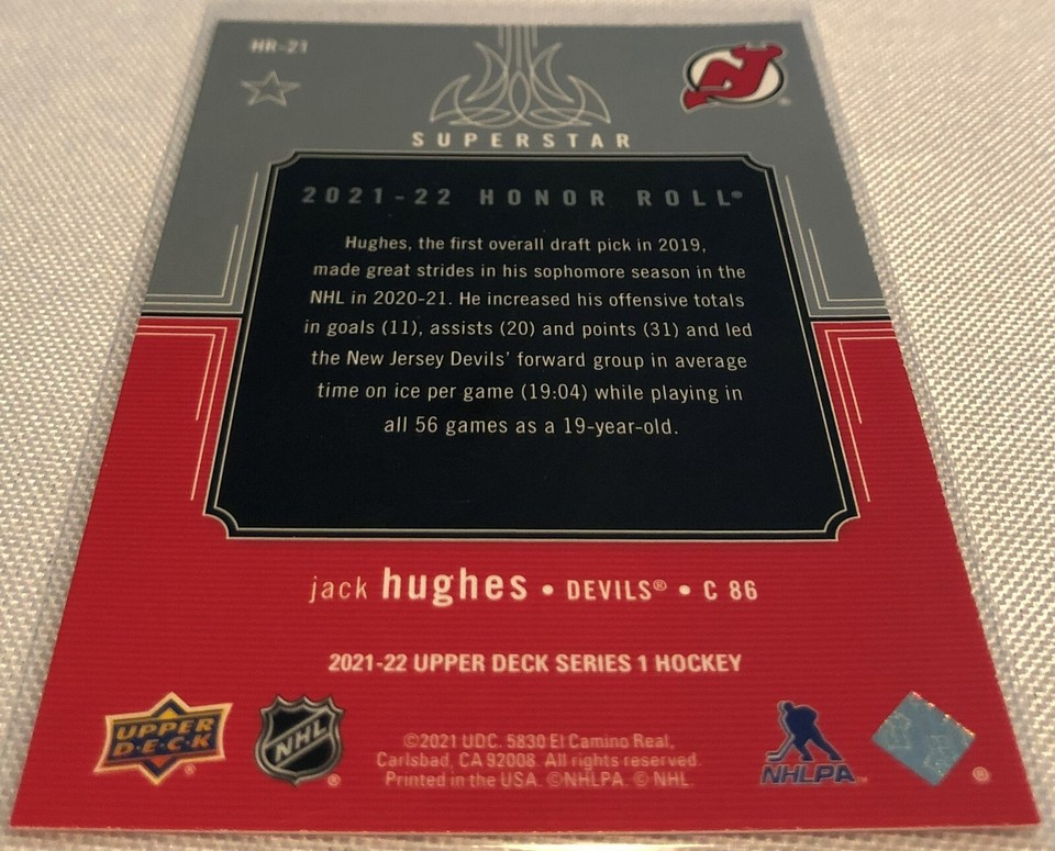 2021-22 Upper Deck Hockey Jack Hughes New Jersey Devils Honor Roll ...