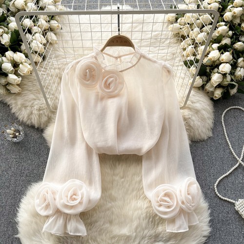 Womens 3D Flowers Ruffles Long Puff Sleeve Shirt Party Chiffon See ...