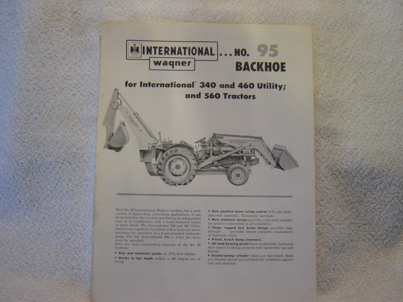 International WAGNER no. 95 BACKHOE for 340 460 560 sales brochure CR ...