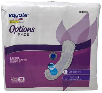 Equate Options Ultimate Long Length Incontinence Pads 51 Count | eBay
