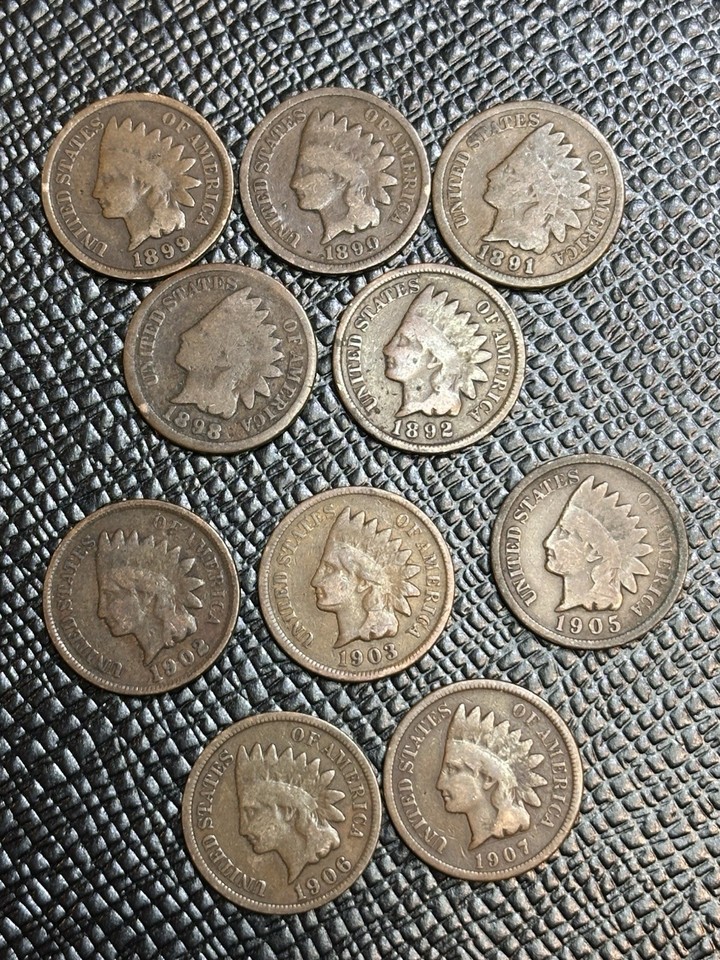 LOT OF 10 Mixed Date Indian Head Pennies Average Circulated Coins No ...