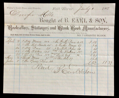 1875 Billhead Fall River Massachusetts B Earl & Son booksellers #b6 | eBay