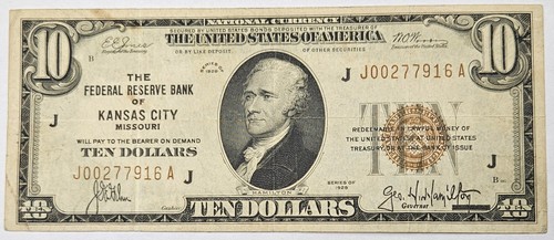 1929 $10 Dollar Federal Reserve Bank Note Kansas City National Currency ...