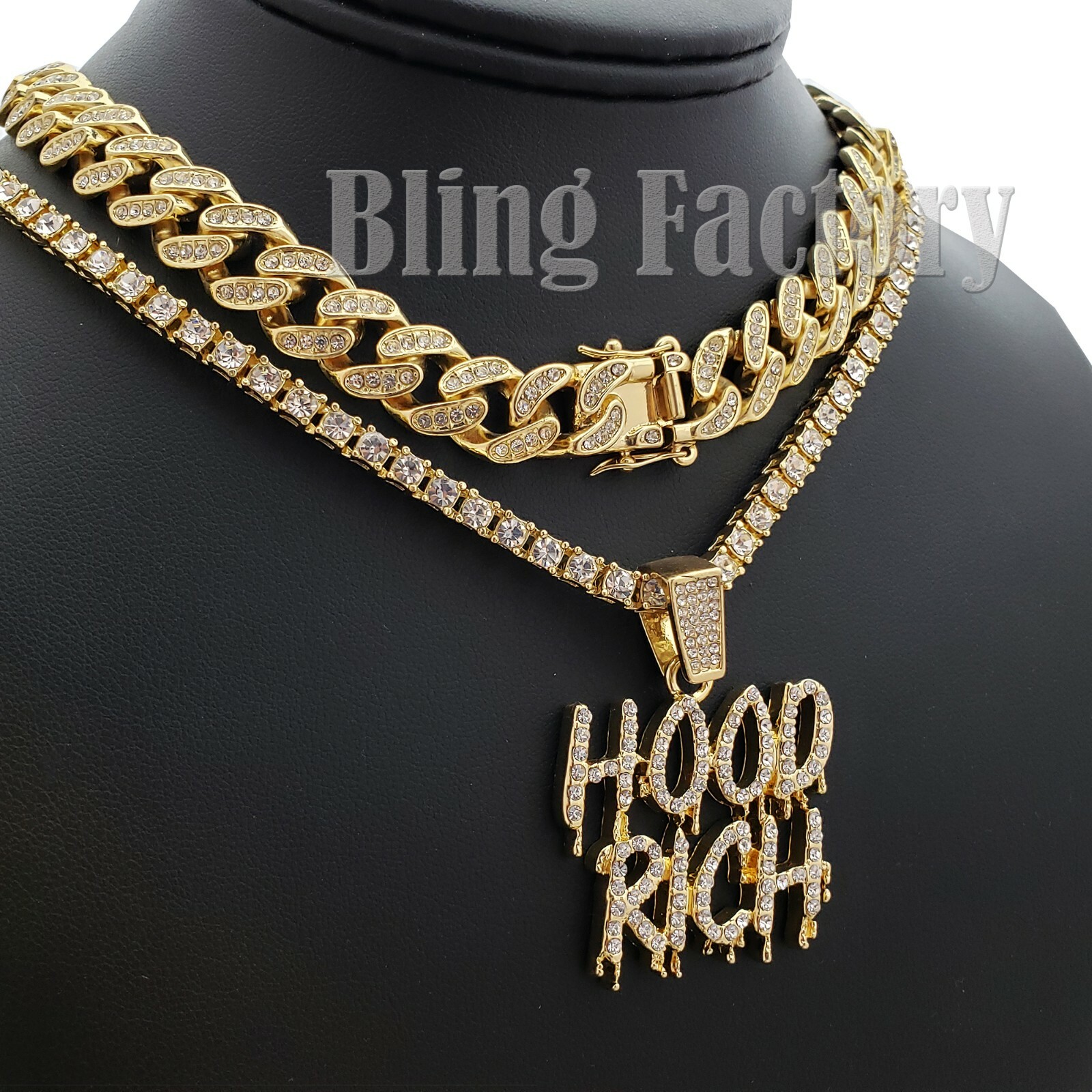 Hip Hop HOOD RICH Drip Pendant & 18" 1 Row & Iced Cuban Choker Chain ...