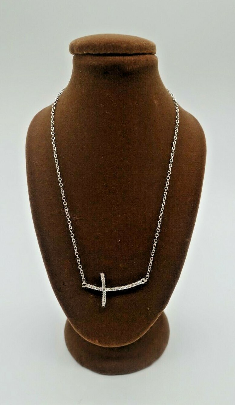 neckless sideway cross with clear crystals on cross with extension on ...