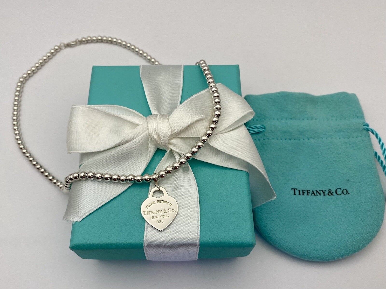 Tiffany & Co Sterling Silver Small Heart Tag 4mm Bead Necklace 16". RRP ...