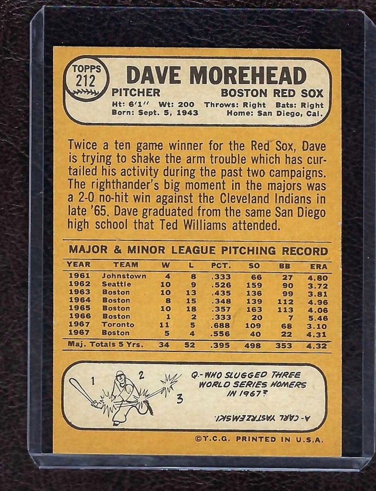 1968 Topps Baseball Card #212 Dave Morehead, Boston Red Sox, NM-MT ...