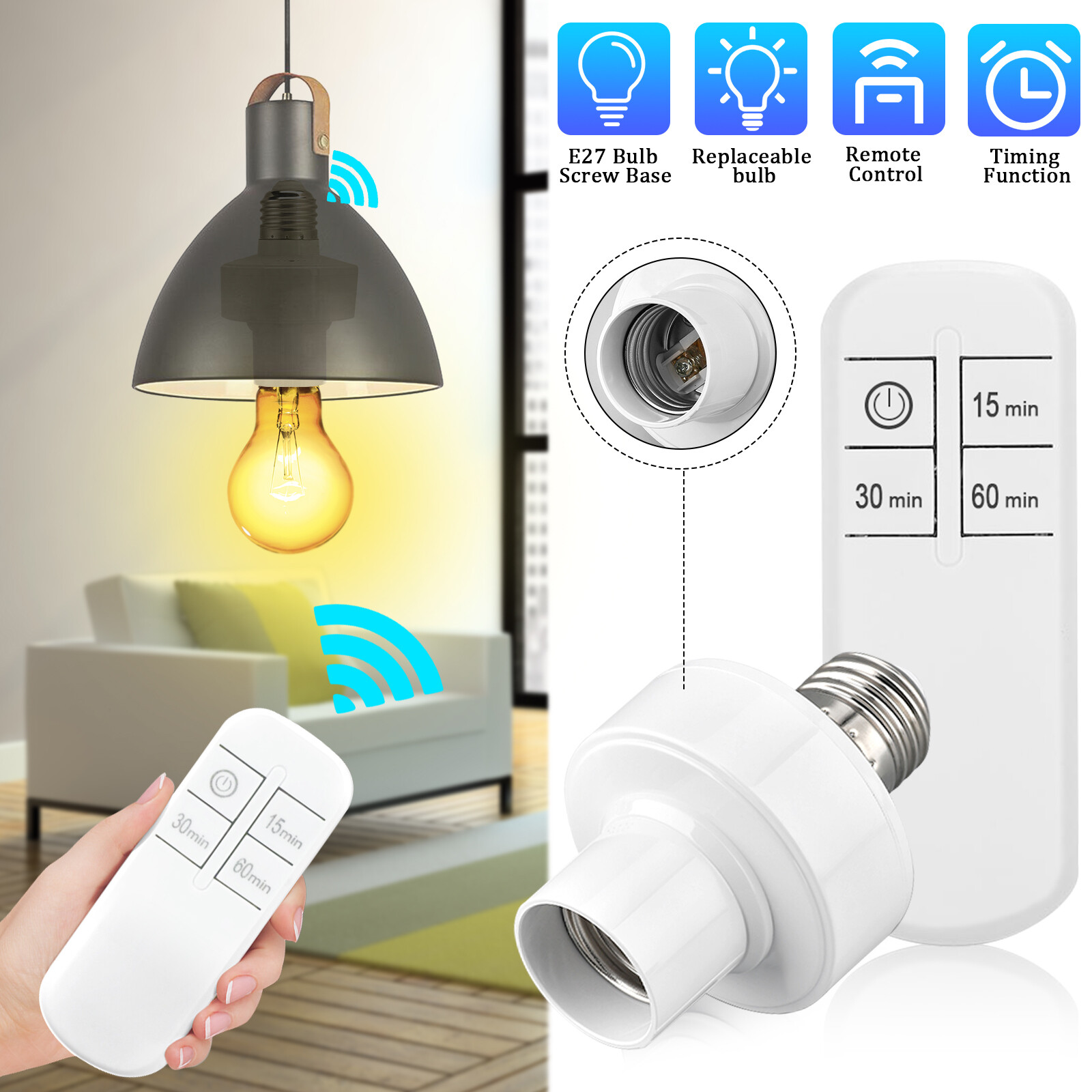 Wireless Remote Control Light Lamp E27 Screw Bulb Base Holder Cap ...
