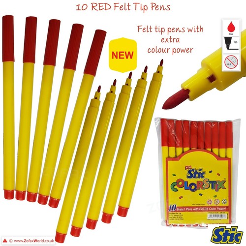 10 x Fine Tip Fiber RED Felt Tip Pens Colour Art Sketch Write School ...