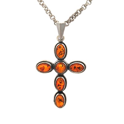 925 Sterling Silver Designer Vior Italy Oval Amber Cross Pendant Chain ...