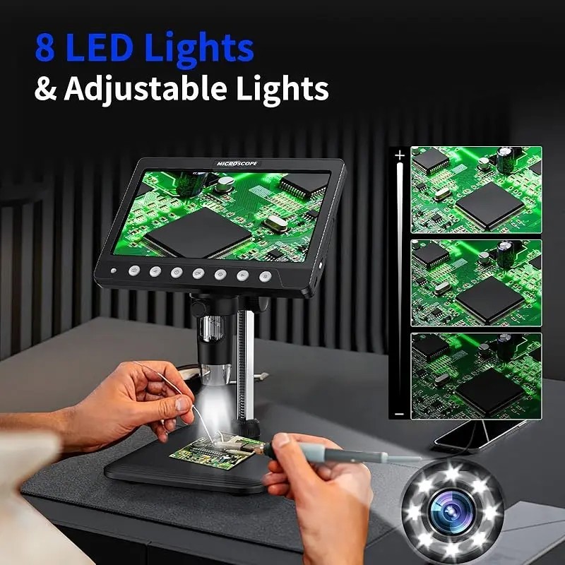 7" IPS Screen Digital Microscope 5MP 1200X Photo & Video Microscope 8 ...