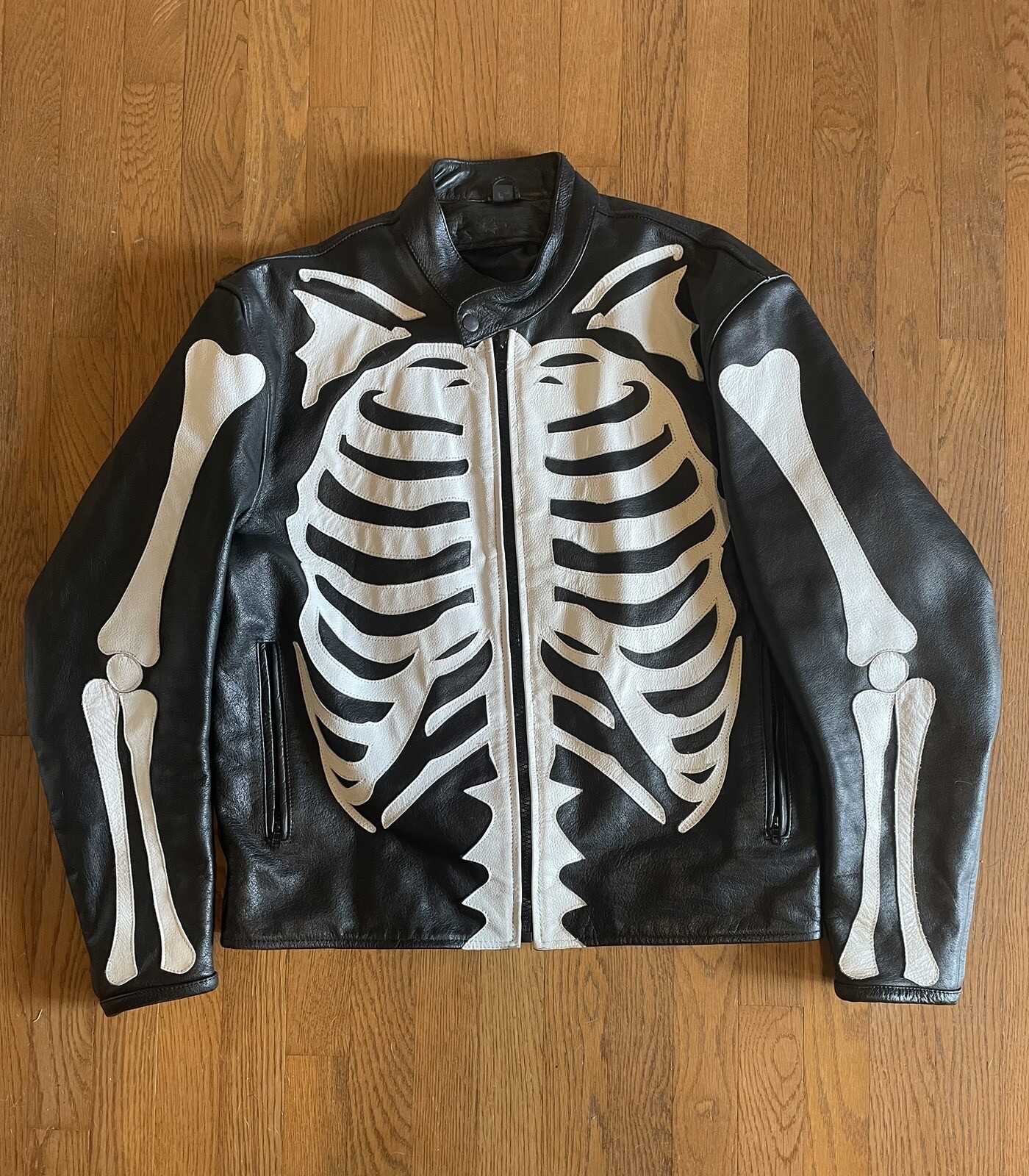 Vintage Skeleton Bones Leather Jacket L 44 Black Biker Motorcycle Bone ...