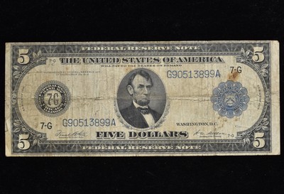 1914 $5 FEDERAL RESERVE NOTE VG VERY GOOD 7-G CHICAGO BILL 899 TRUSTED ...