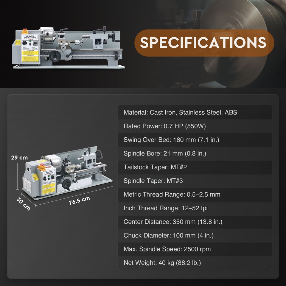 7x14''(18x35cm) Mini Metal Lathe 550W DC Motor 2500rpm LCD Display 3 ...