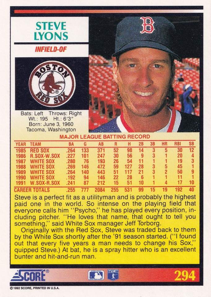 1992 Score #294 Steve Lyons MLB Boston Red Sox + (Yes 4 Free Mystery ...