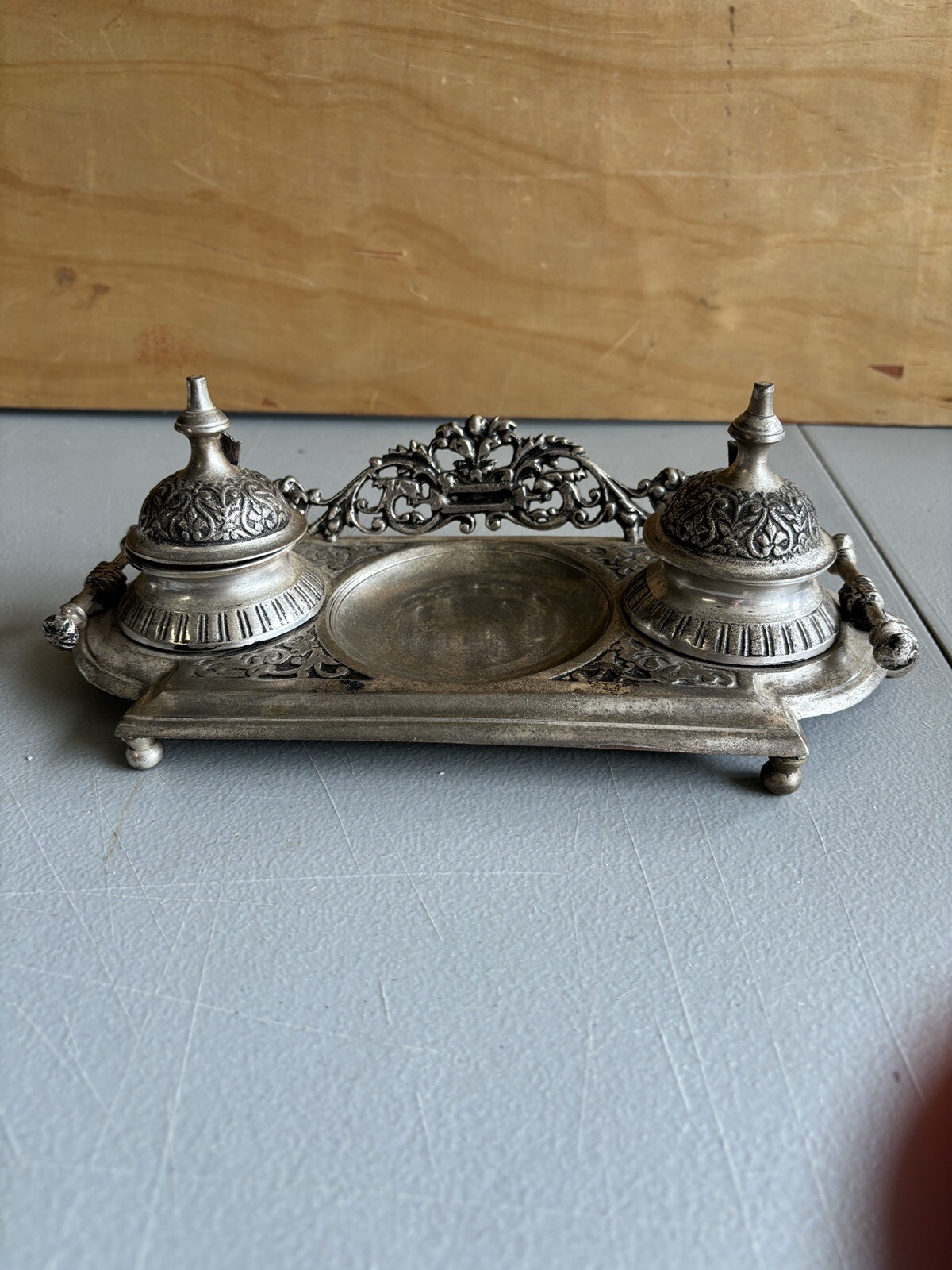 Cast Metal Double Ornate Inkwell Desk Set Ink Wells with Removable Well ...